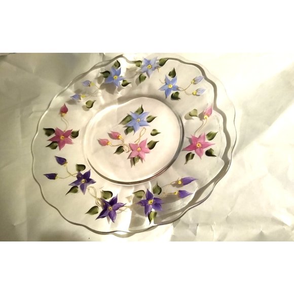 Unmarked | Accents | Clear Glass Hand Painted Floral Design Plate 9 ...